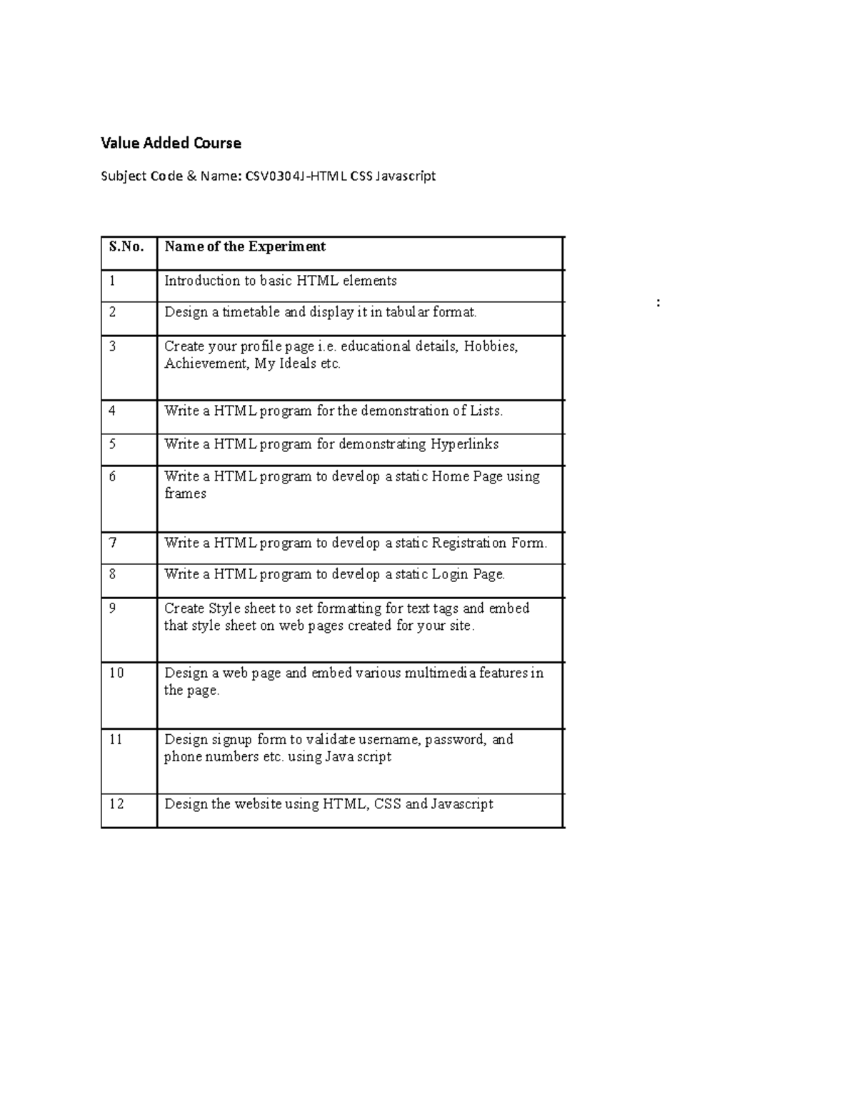 Csv0304j Html Css Java Script Value Added Course Subject Code And Name