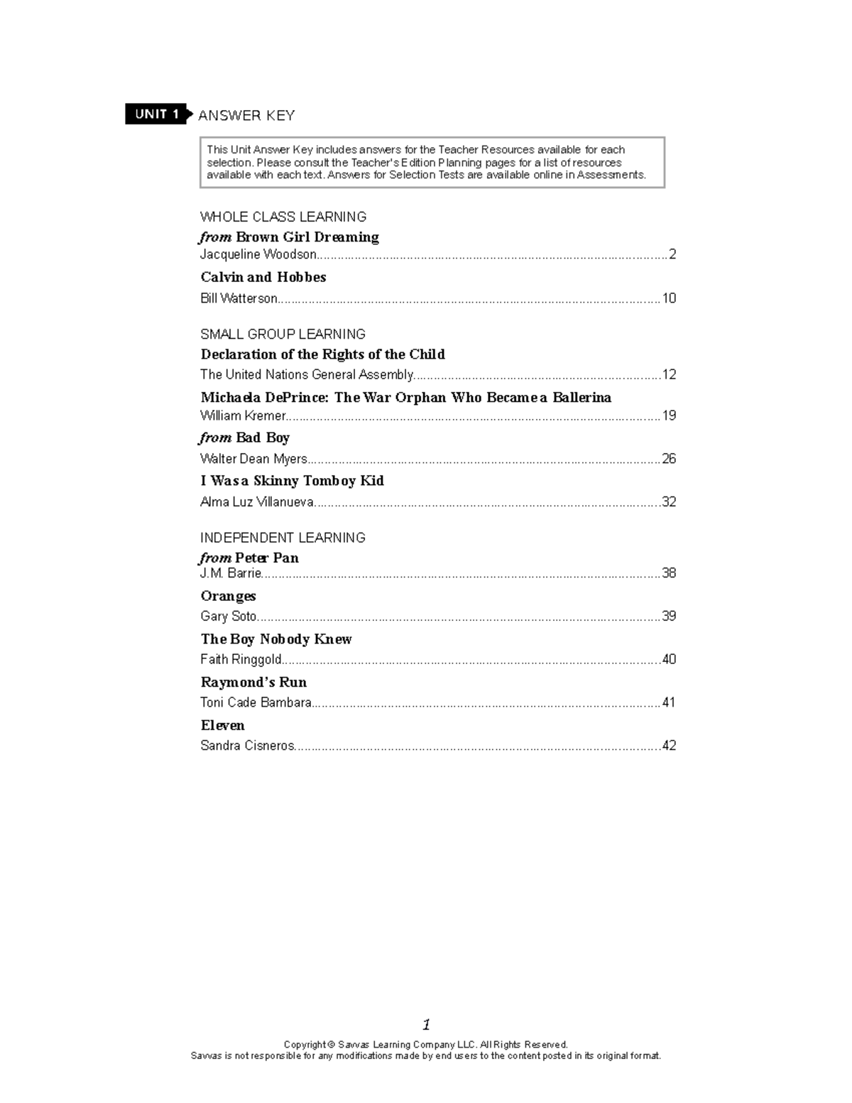 Unit 1 Answer Key - Please consult the Teacher’s Edition Planning pages ...