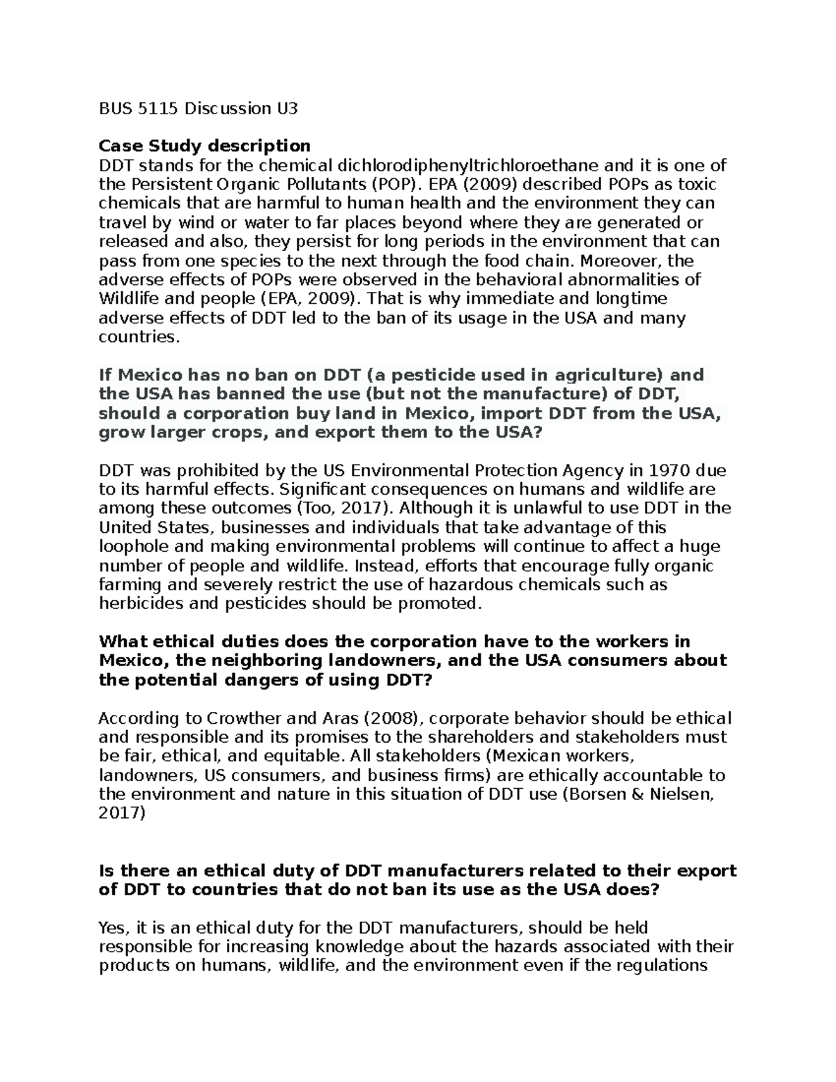 BUS 5115 Discussion Unit 3 - BUS 5115 Discussion U Case Study description DDT stands for the ...