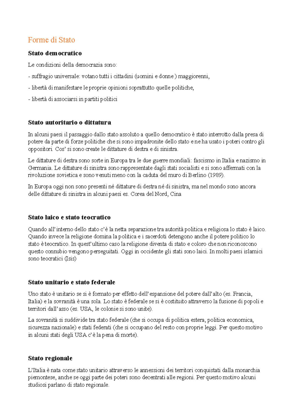 Forme di Stato - appunti lezione - Forme di Stato Stato democratico Le ...