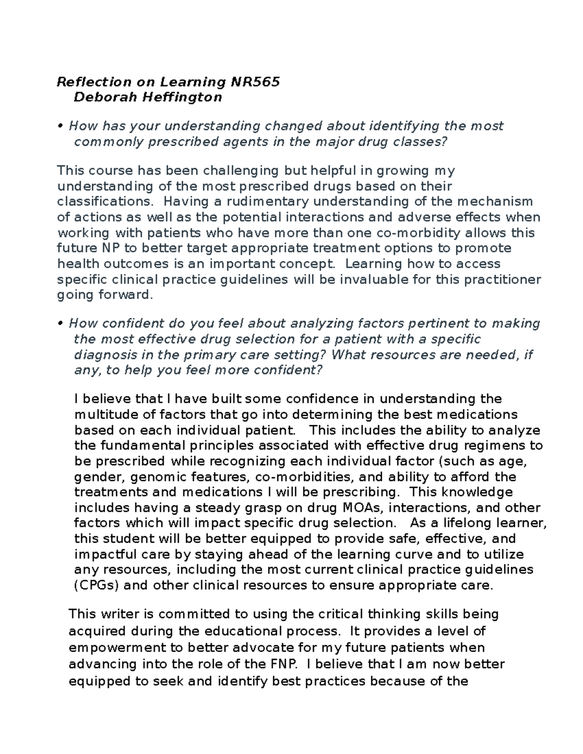 NR 565 Week 8 Course Reflection on Learning Heffington D. 6 - Reflection on Learning NR Deborah ...