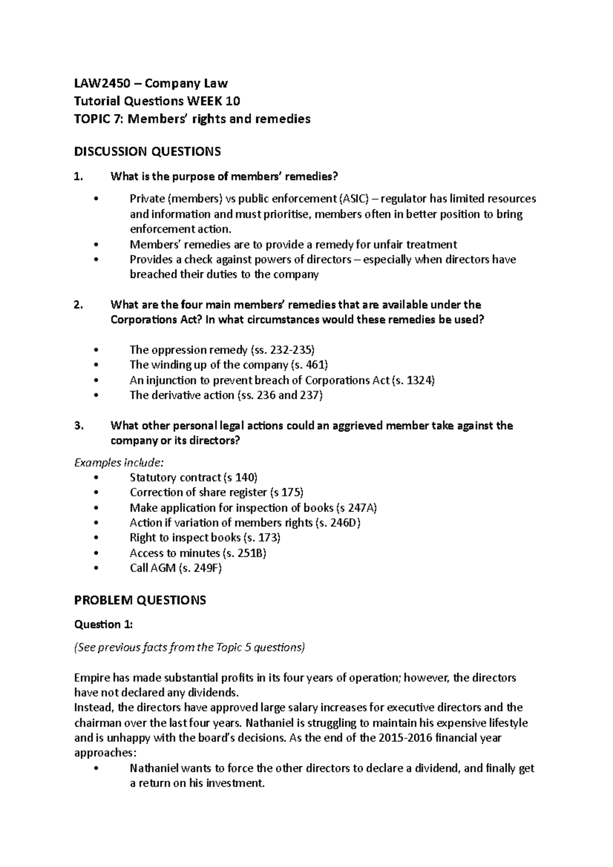 Week 10 - In class Questions - LAW2450 – Company Law Tutorial Questions WEEK 10 TOPIC 7: Members ...