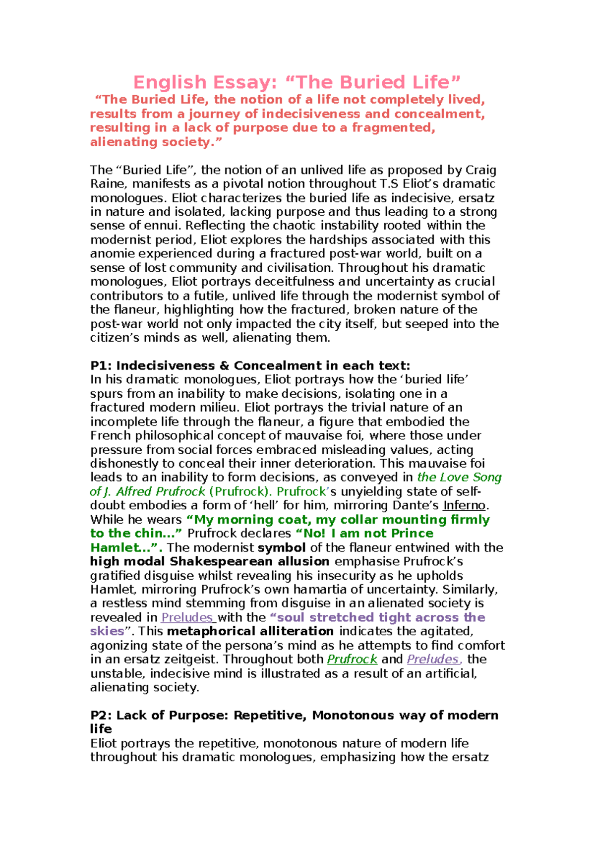 The Buried Life TS Eliot - English Essay: “The Buried Life” “The Buried ...