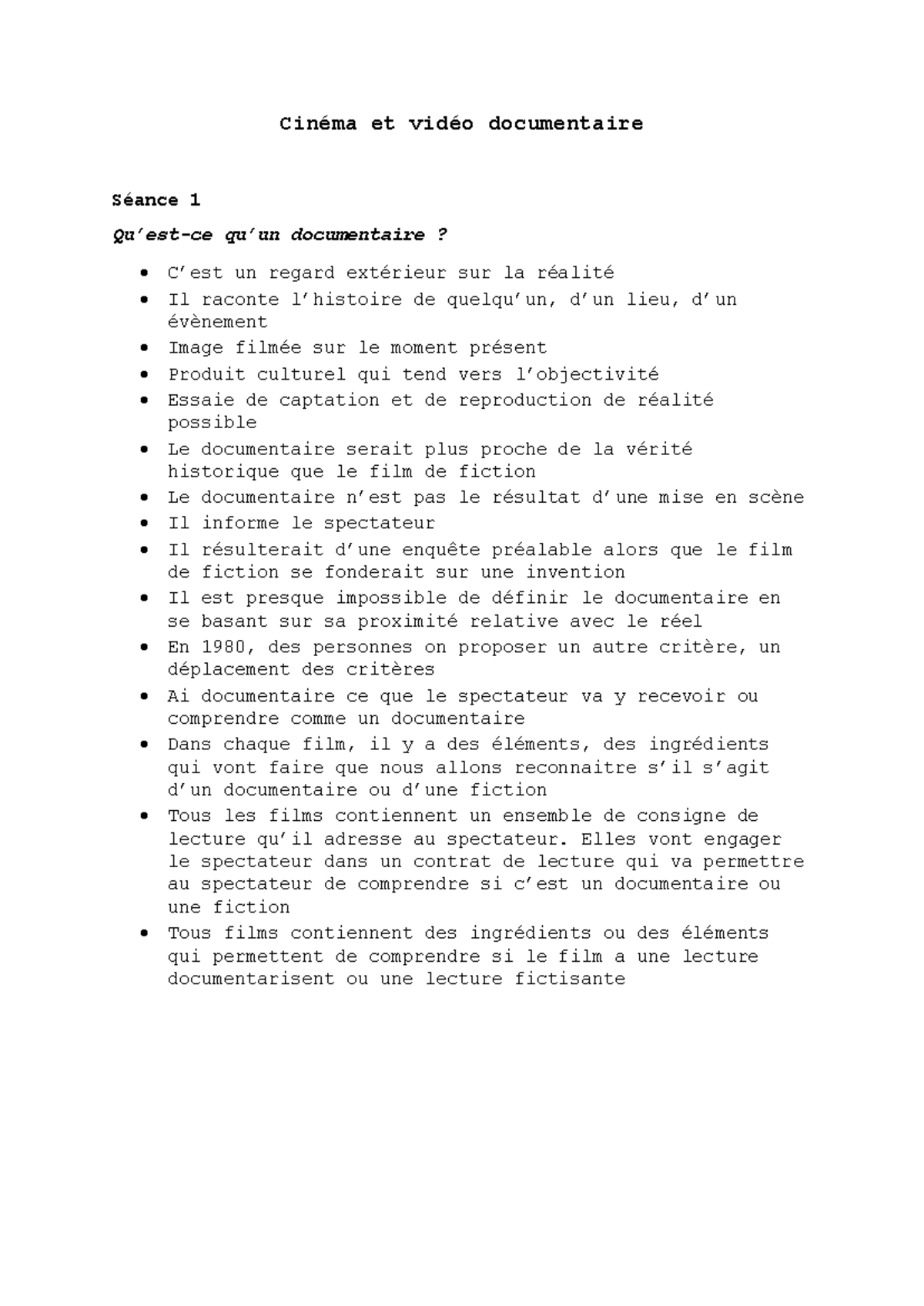 Cinéma et vidéo documentaire - Cinéma et vidéo documentaire Séance 1 Qu ...