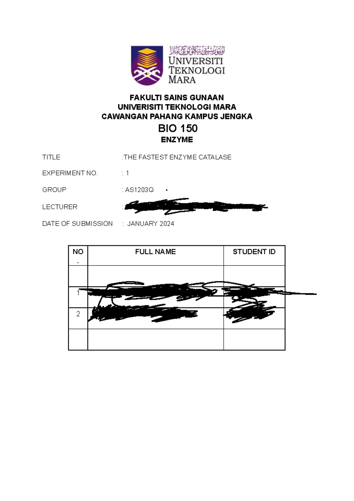 Bio150 lab report - FAKULTI SAINS GUNAAN UNIVERISITI TEKNOLOGI MARA ...