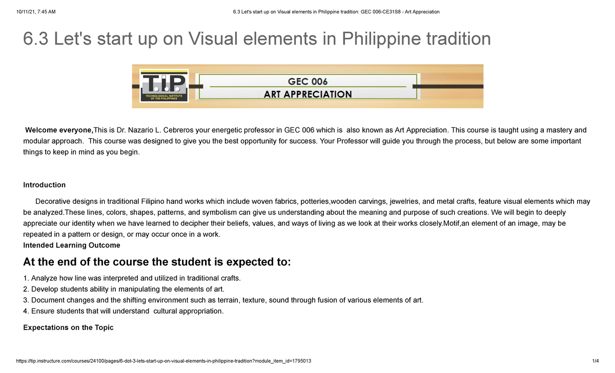 6.3 Let's start up on Visual elements in Philippine tradition GEC 006 ...