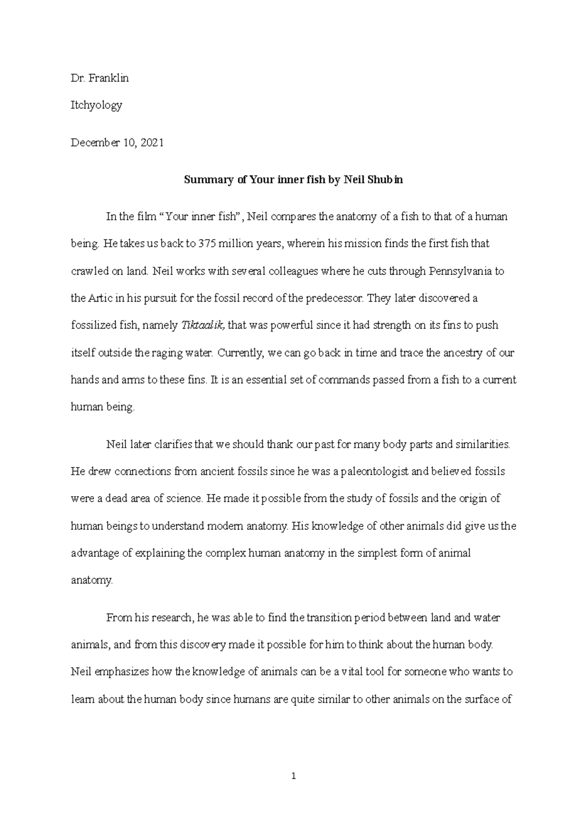 Summary Of Your Inner Fish By Neil Shubin edited Dr Franklin