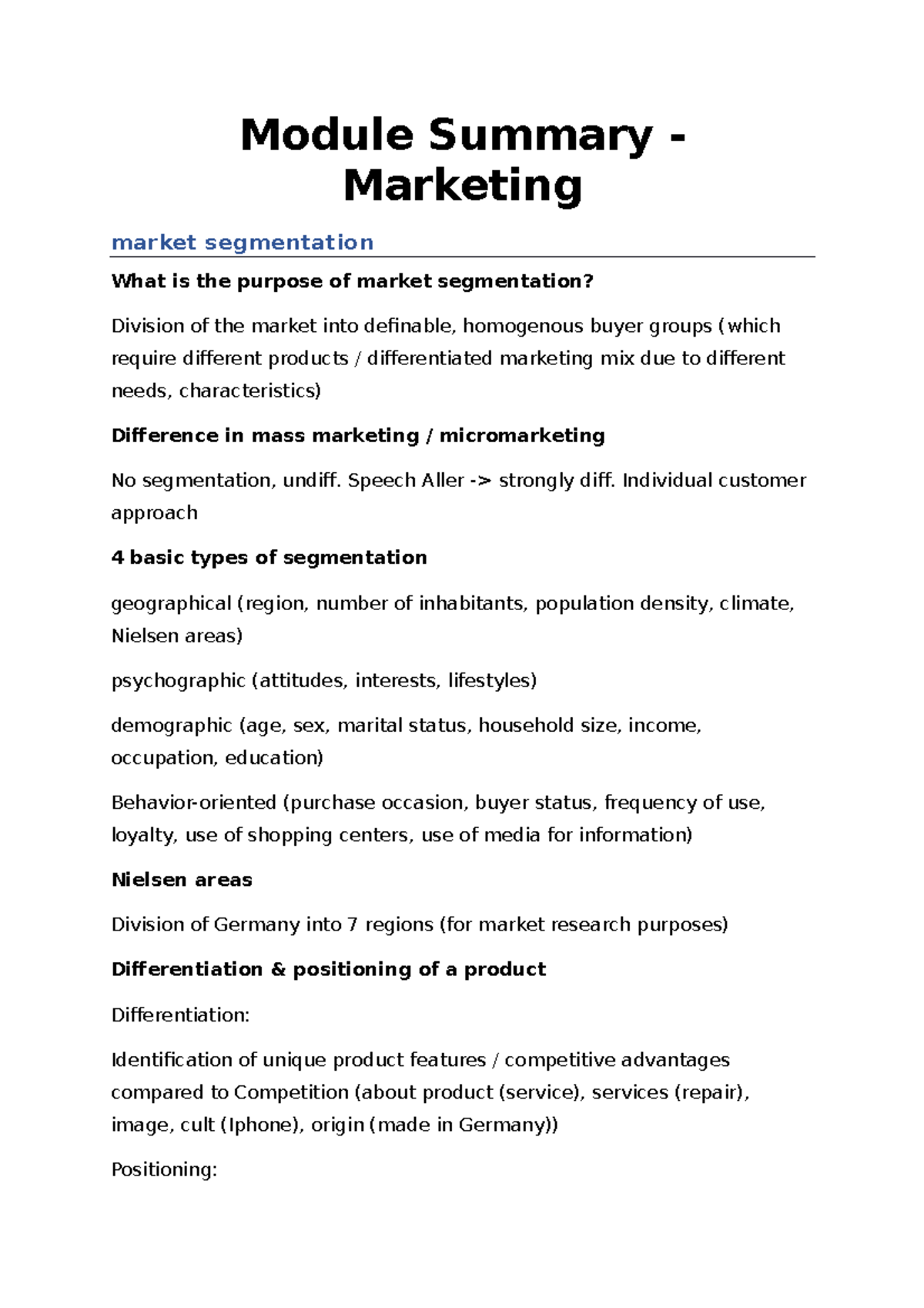Module Summary Marketing - Speech Aller strongly diff. Individual ...