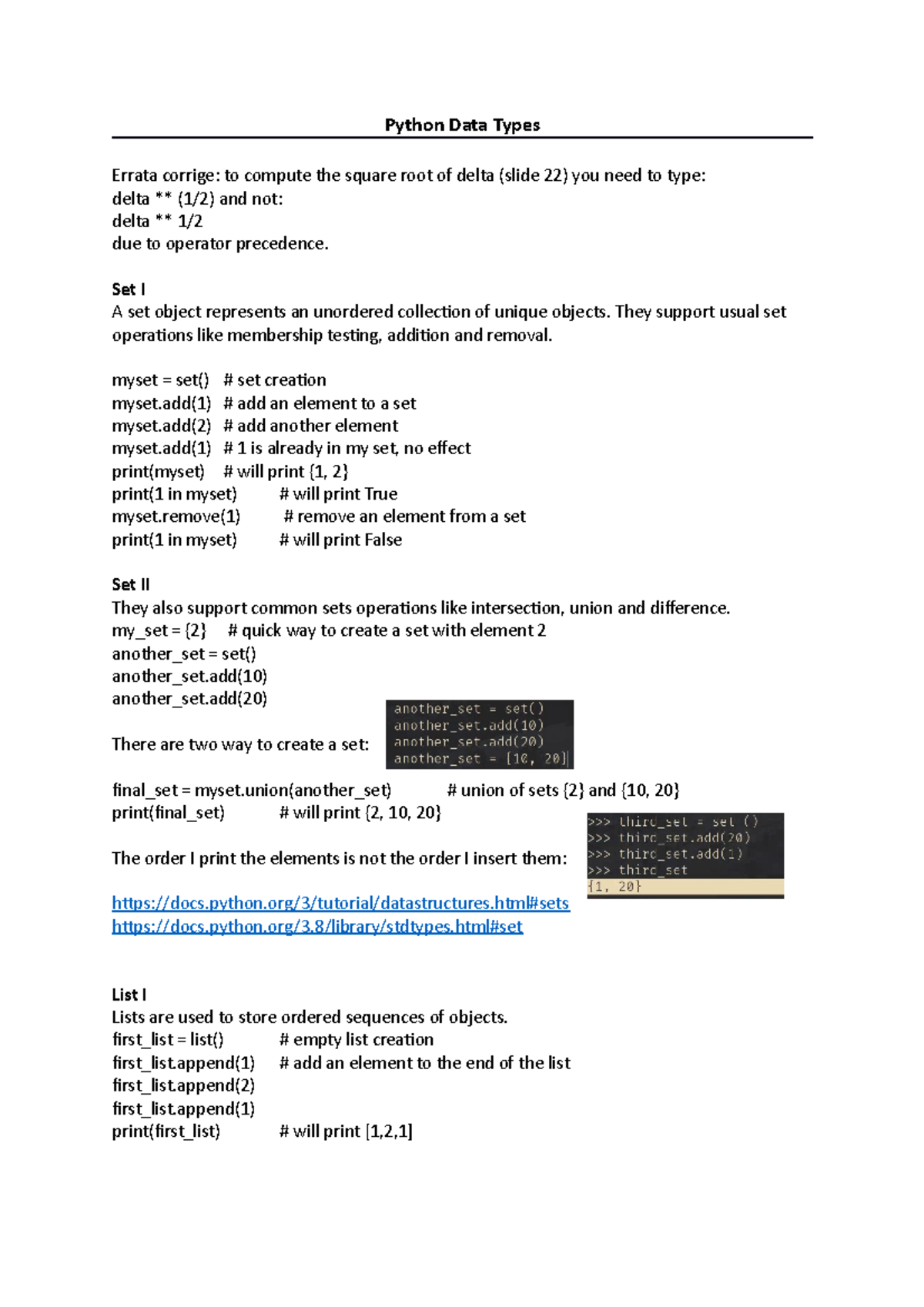 Lecture 4.1 - Python Data Types - Python Data Types Errata corrige: to ...