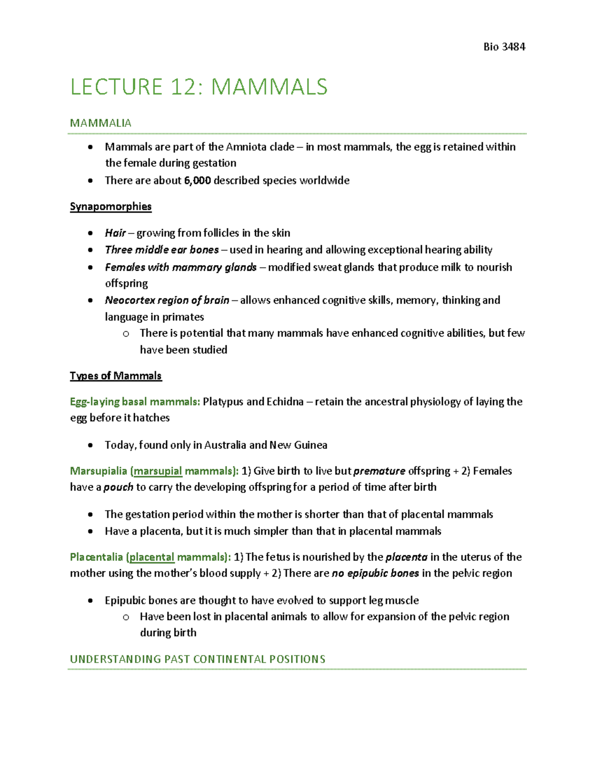 Lecture 12 - Mammals - LECTURE 12: MAMMALS MAMMALIA Mammals are part of the Amniota clade – in ...
