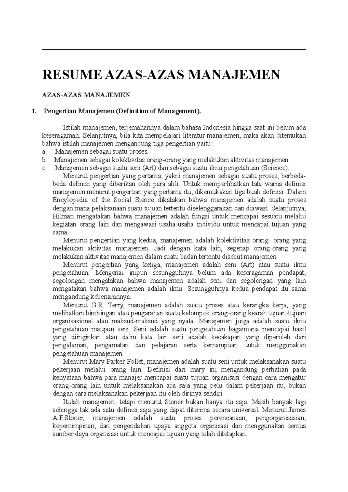 Resume AZAZ.docx - RESUME AZAS-AZAS MANAJEMEN AZAS-AZAS MANAJEMEN Pengertian Manajemen ...