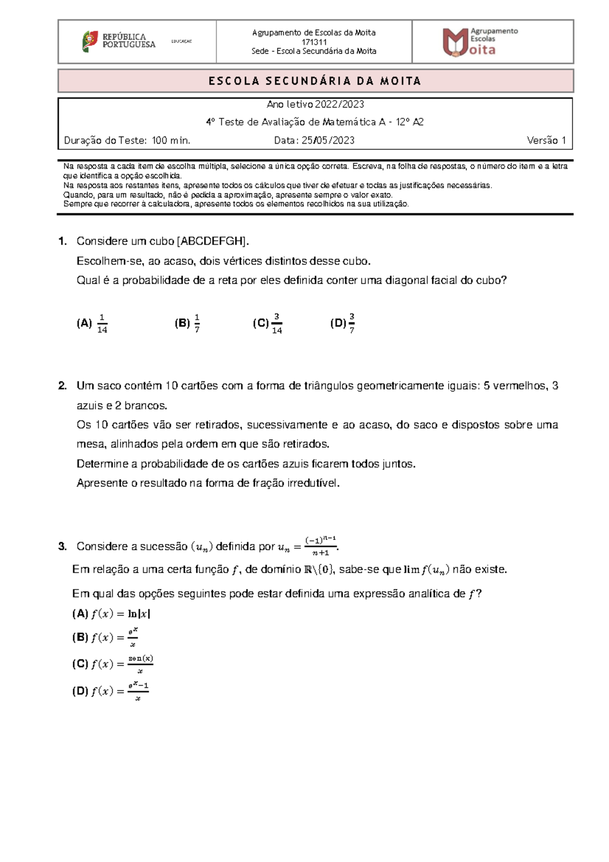 4º teste 12º A2 v1 maio 23 - Ano letivo 20 22 /202 3 4 º Teste de ...