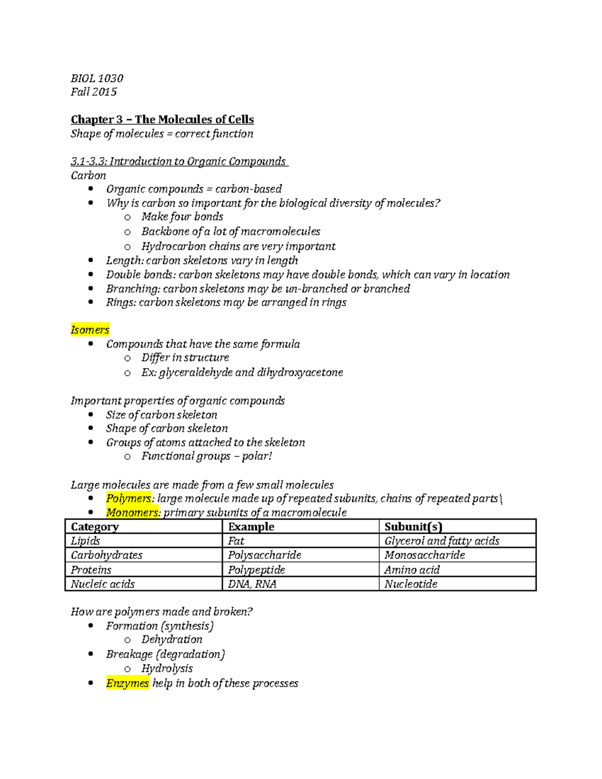 Biol 1030 chapter 3 notes - BIOL 1030 Fall 2015 Chapter 3 The Molecules ...