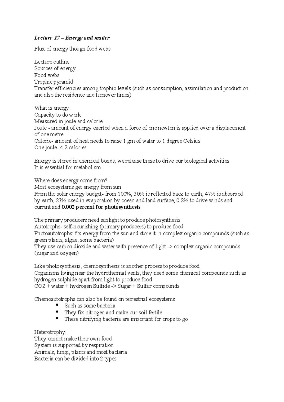 Ecology lecture 17 - Lecture 17 – Energy and matter Flux of energy ...