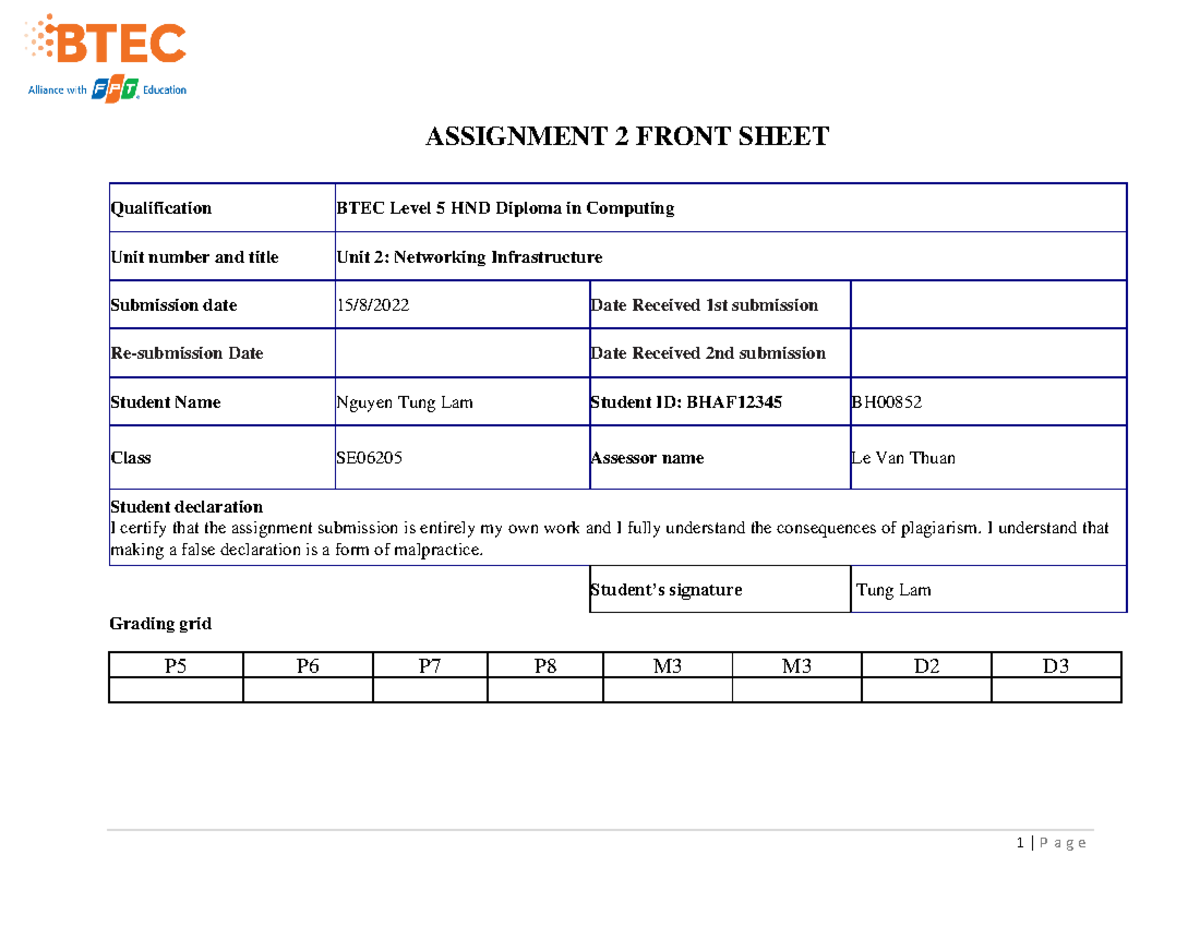 Networking Nguyen Tung Lam ASM2 1st - ASSIGNMENT 2 FRONT SHEET Qualification BTEC Level 5 HND ...