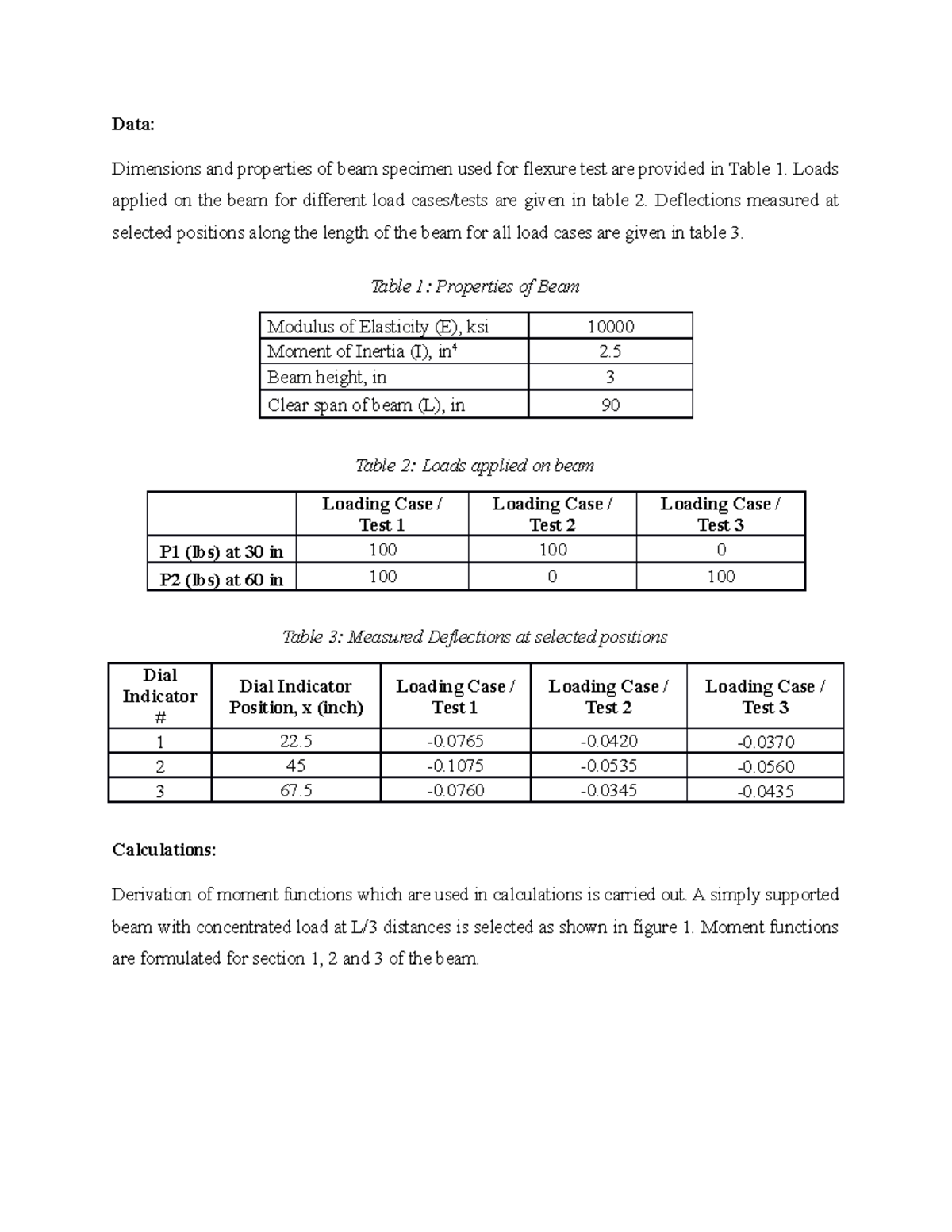Lab 2-Bending test - moment - Data: Dimensions and properties of beam ...