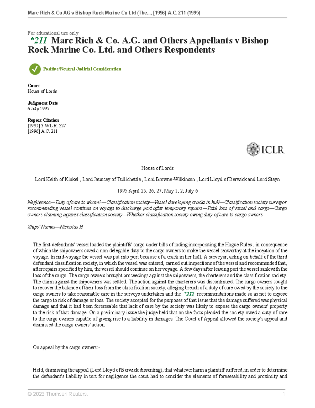 Marc Rich And Co AG v Bishop Rock Marine Co Ltd (The Nicholas H) - For ...