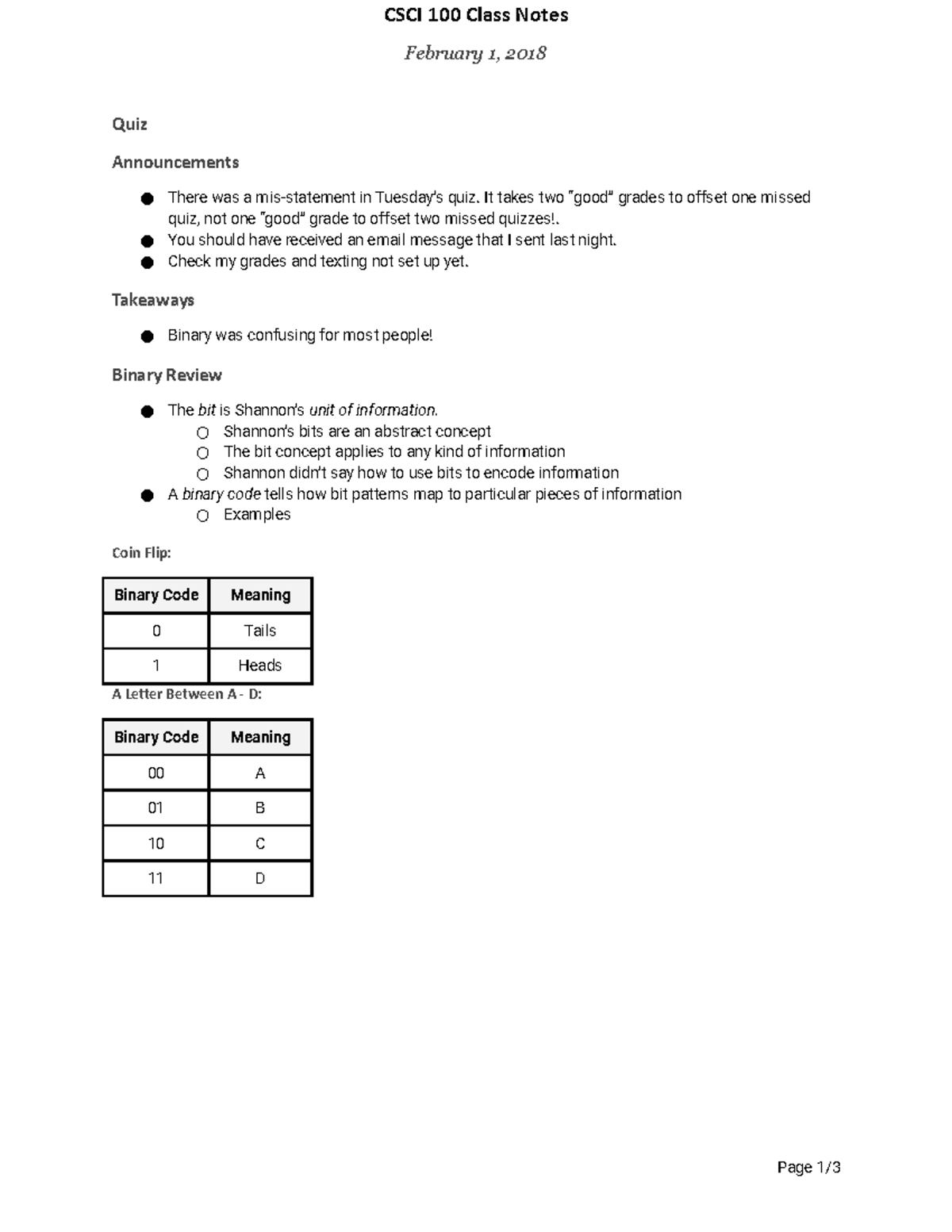 2018-02-01 Class Notes - CSCI 100 Class Notes February 1, 2018 Quiz ...