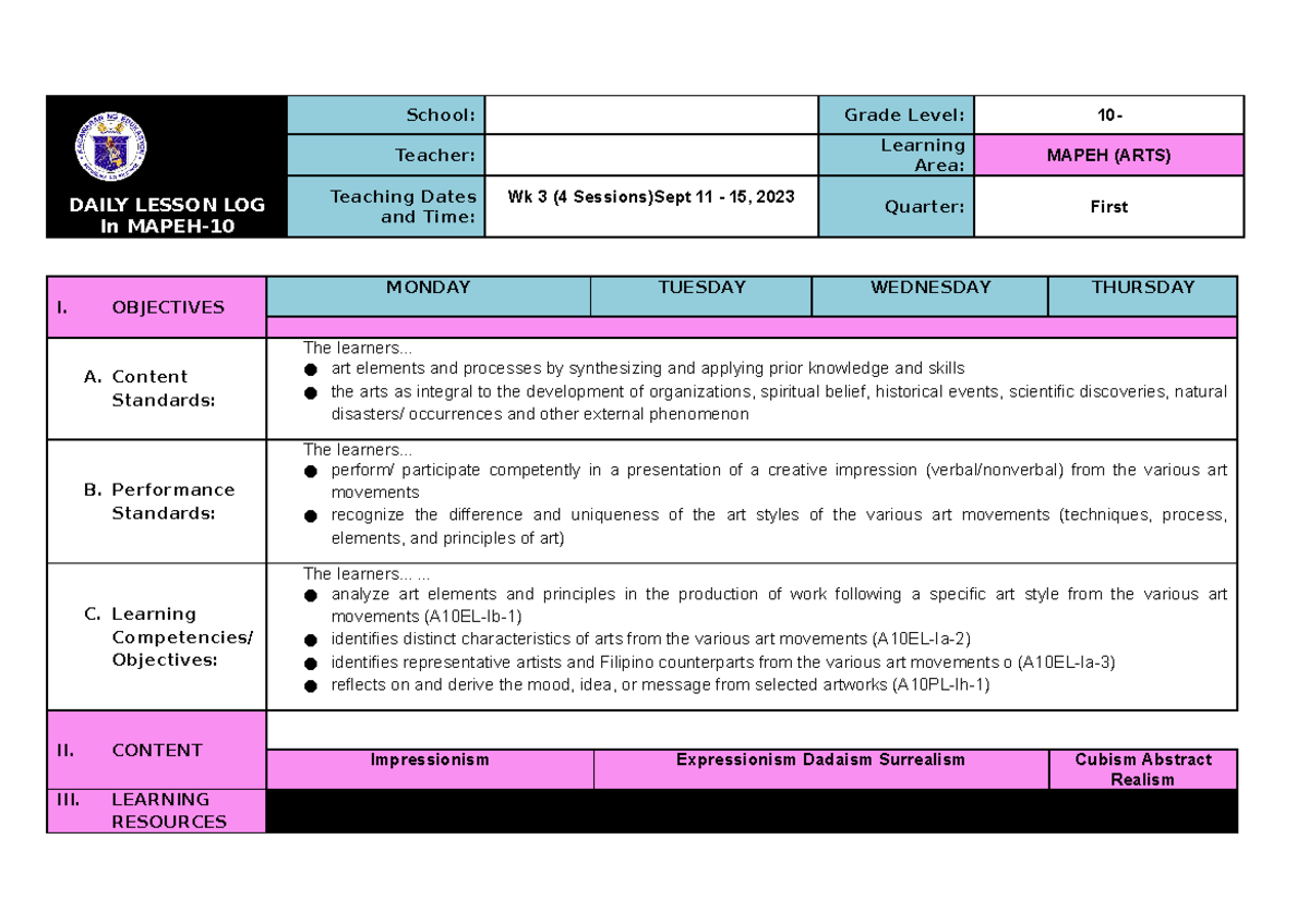 Q1 DLL ARTS10 WEEK1 - a sample dll - DAILY LESSON LOG In MAPEH- School ...