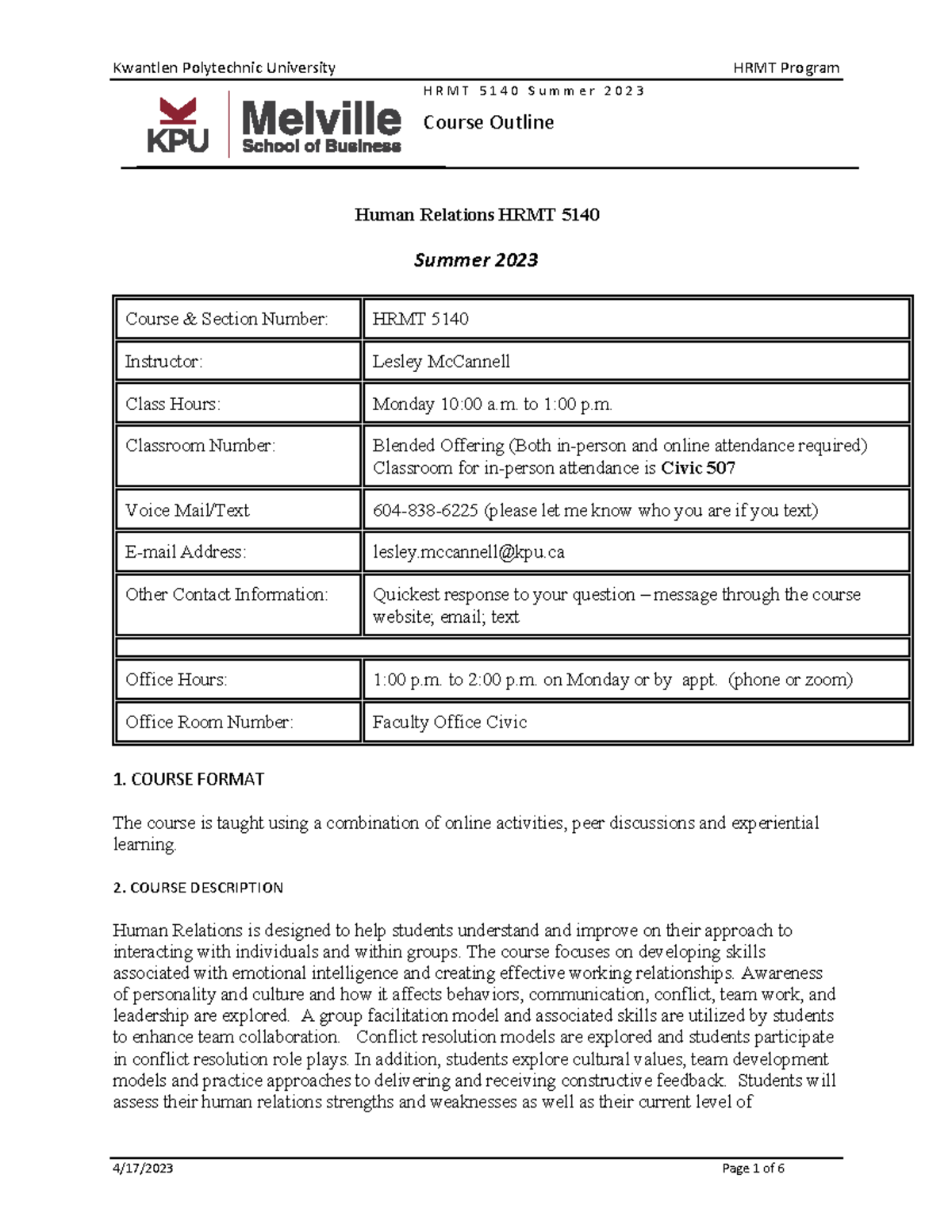 Course Outline HRMT5140 - H R M T 5 1 4 0 S u m m e r 2 0 2 3 Course ...