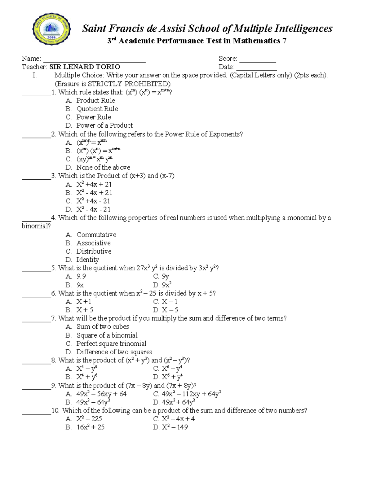 3RD PT MATH 7 - Saint Francis de Assisi School of Multiple ...