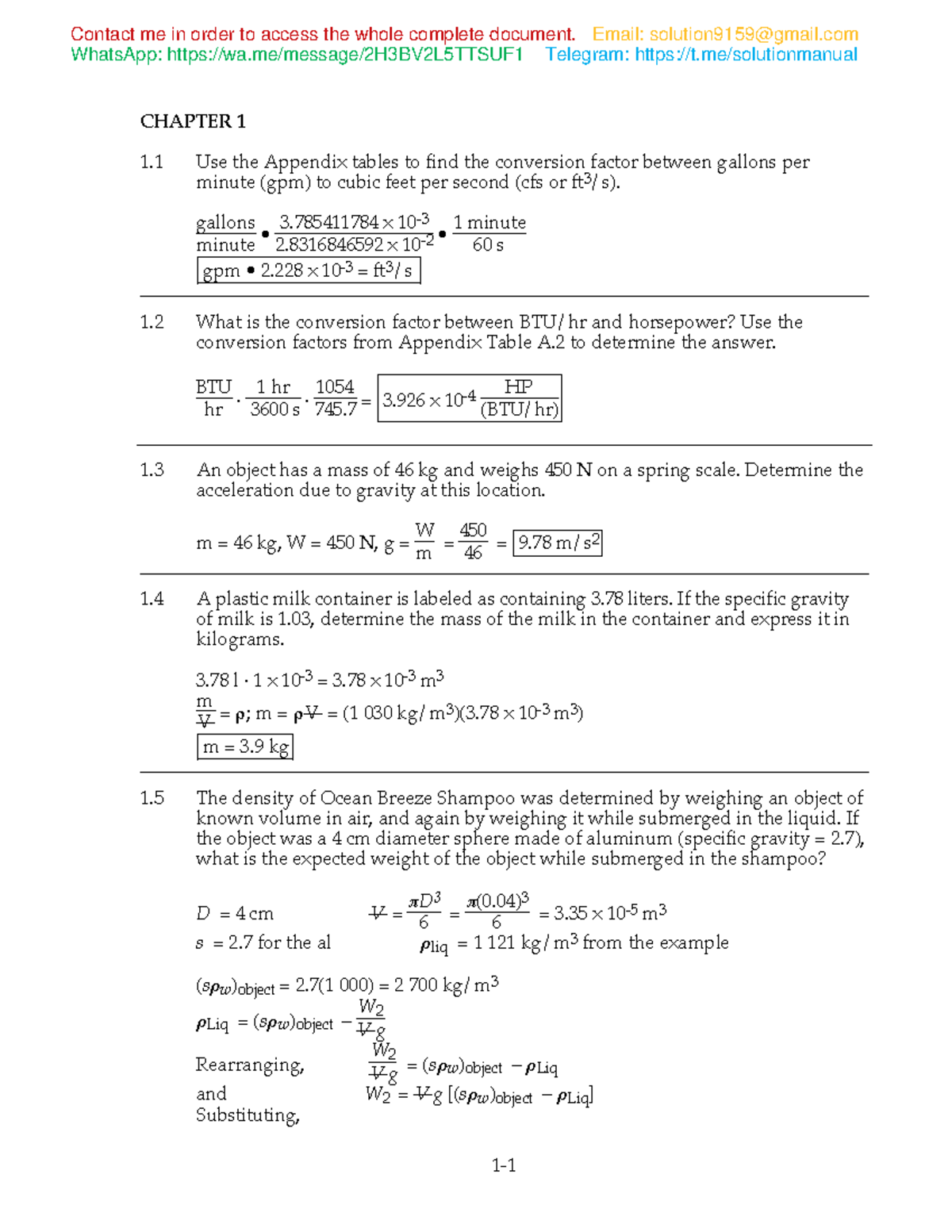Solutions to Introduction to Fluid Mechanics 5th edition by William Janna - CHAPTER 1 1 Use the ...
