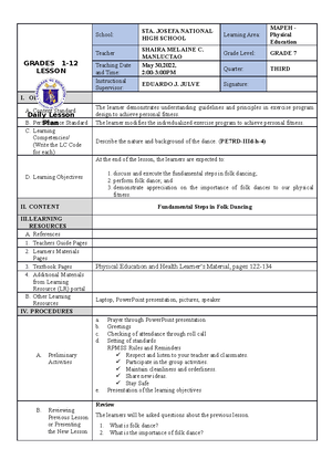 Detailed Lesson Plan P.E. 7 - A Detailed Lesson Plan in Physical ...
