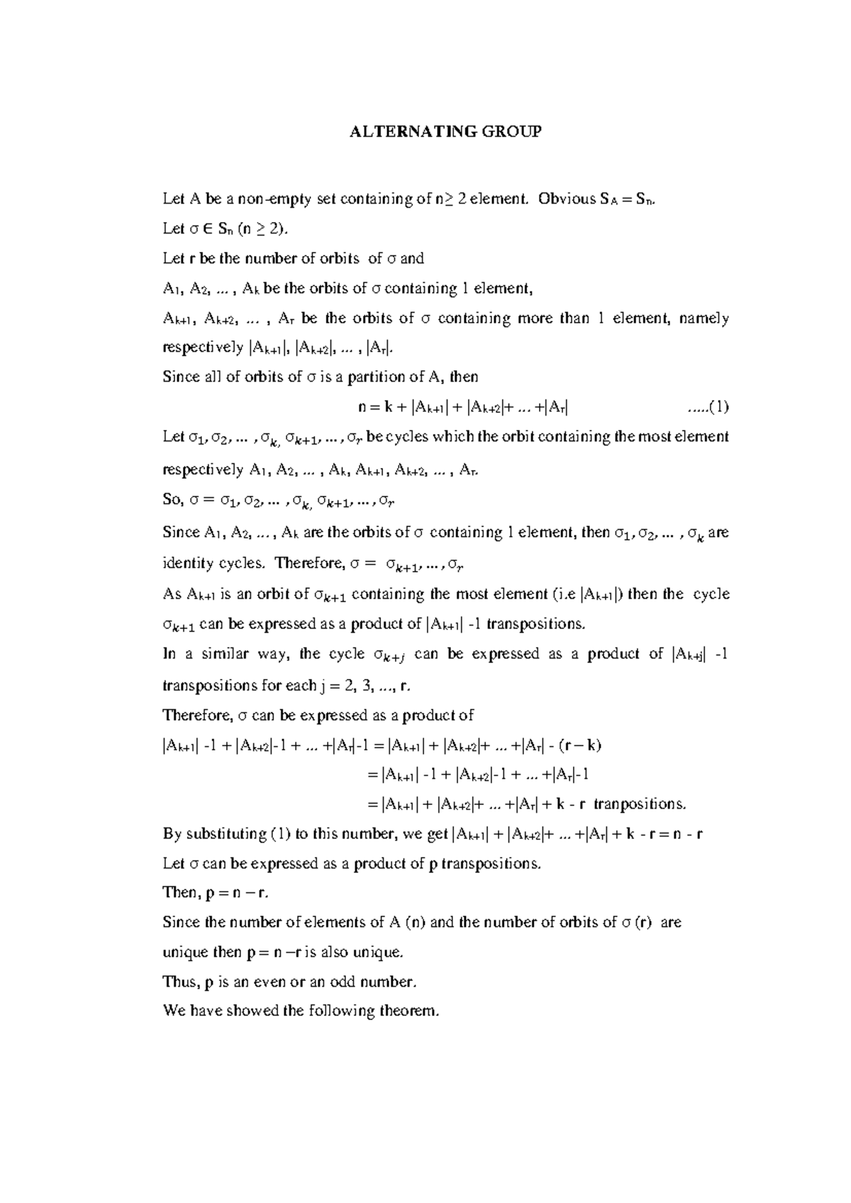 Alternating Group - ALTERNATING GROUP Let A be a non-empty set containing of n≥ 2 element ...