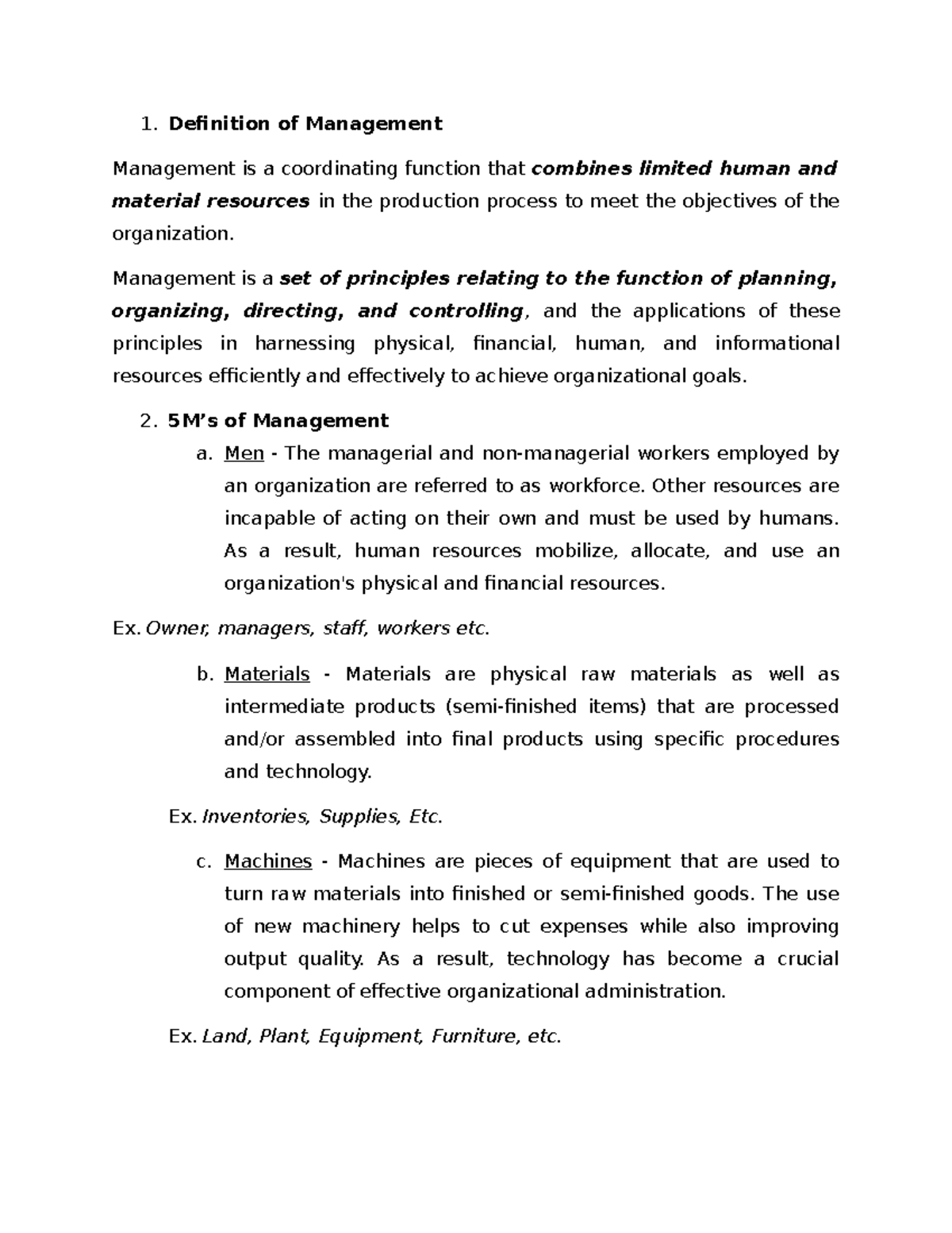 PM - Chptr 1 - Definition of Management Management is a coordinating ...
