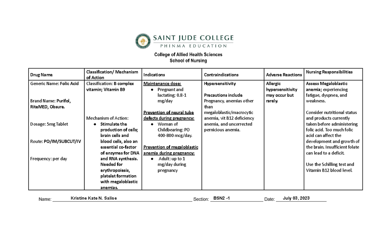 Folic ACID Drug Study Salise BSN2-1 - Drug Name Classification ...