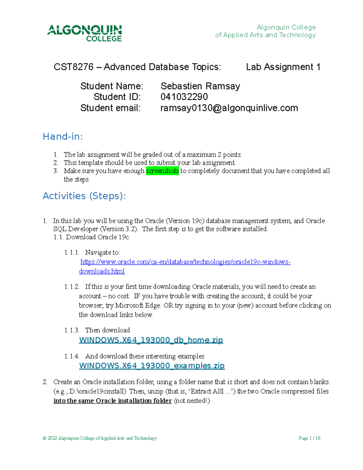 Cst8276 Lab01 Advanced Database Lab 1 Install Oracle Cst8276 Advanced Database Topics Lab