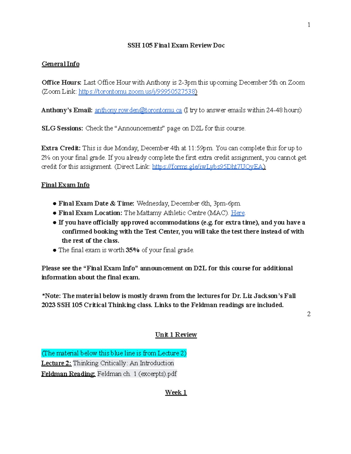 SSH 105 Review Doc - 1 SSH 105 Final Exam Review Doc General Info Office Hours: Last Office Hour ...