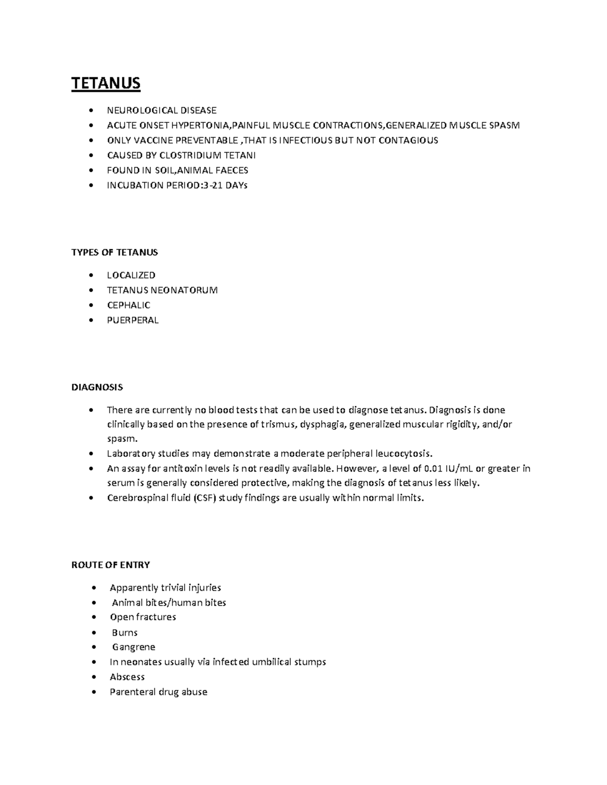 Tetanus - These are lecture notes - TETANUS • NEUROLOGICAL DISEASE ...