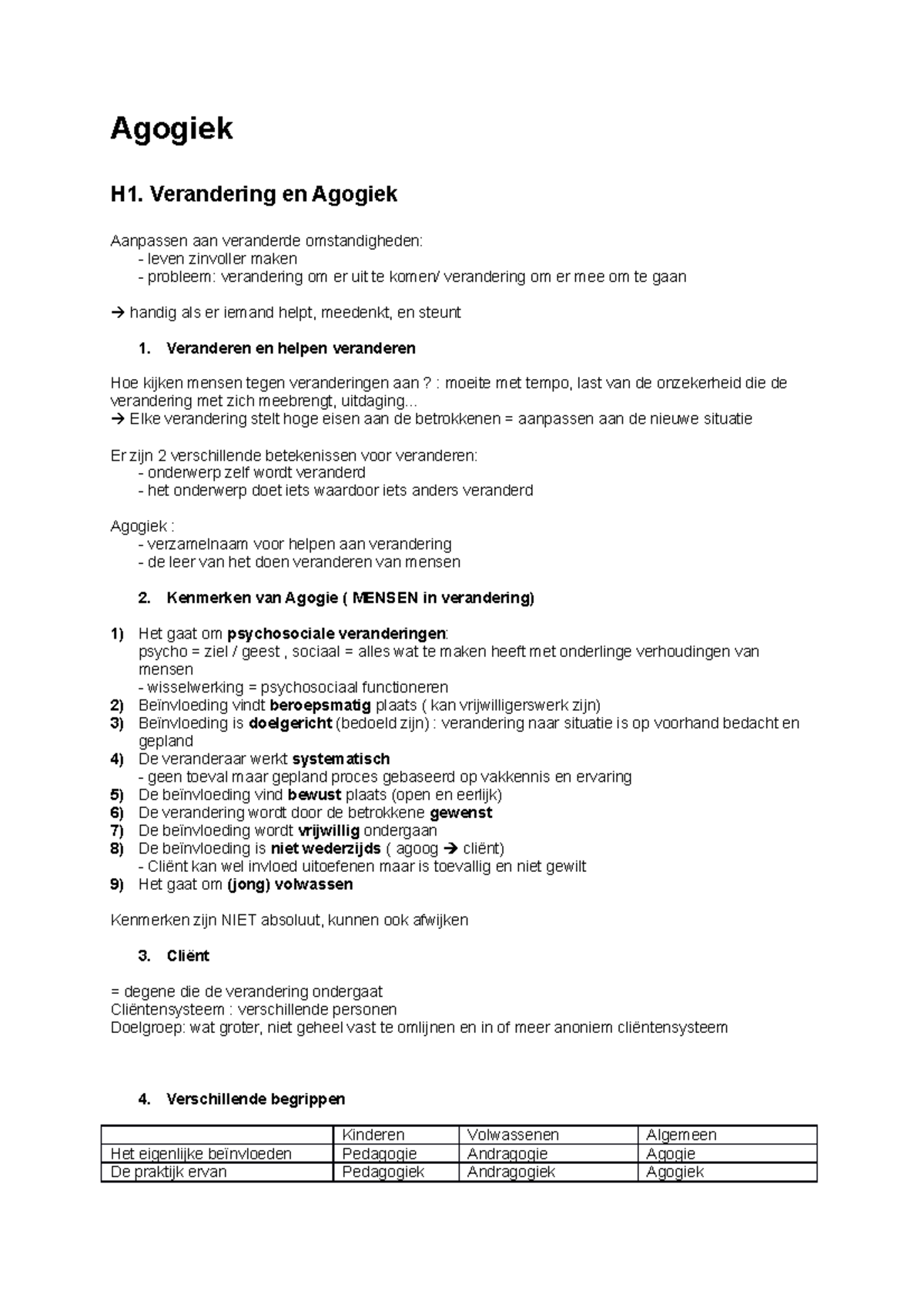 Agogiek samenvattingen 1 - Agogiek H1. Verandering en Agogiek Aanpassen ...