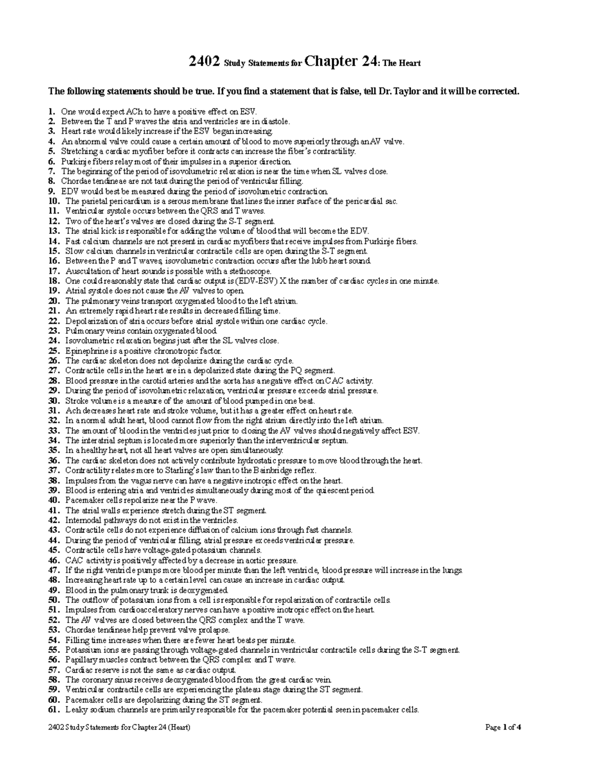 Chapter 24 Study Statements-Heart - 2402 Study Statements for Chapter ...