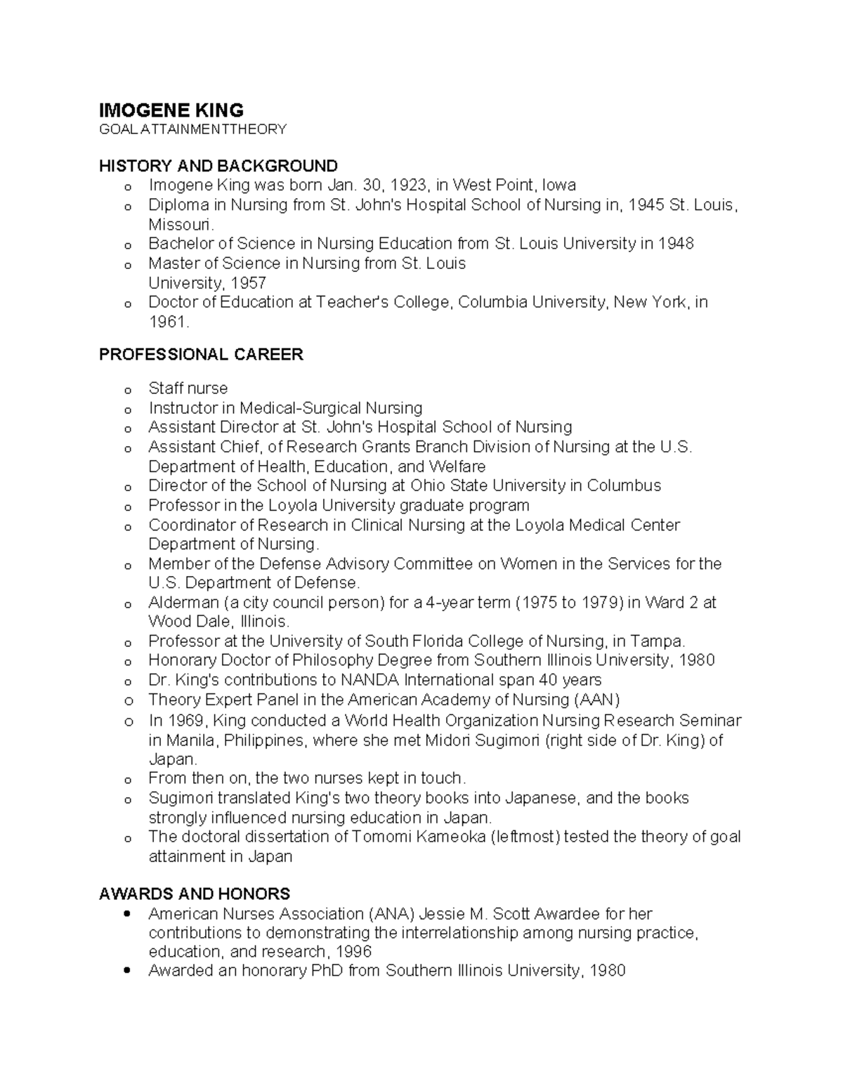 Imogene King - Notes - IMOGENE KING GOAL ATTAINMENTTHEORY HISTORY AND ...