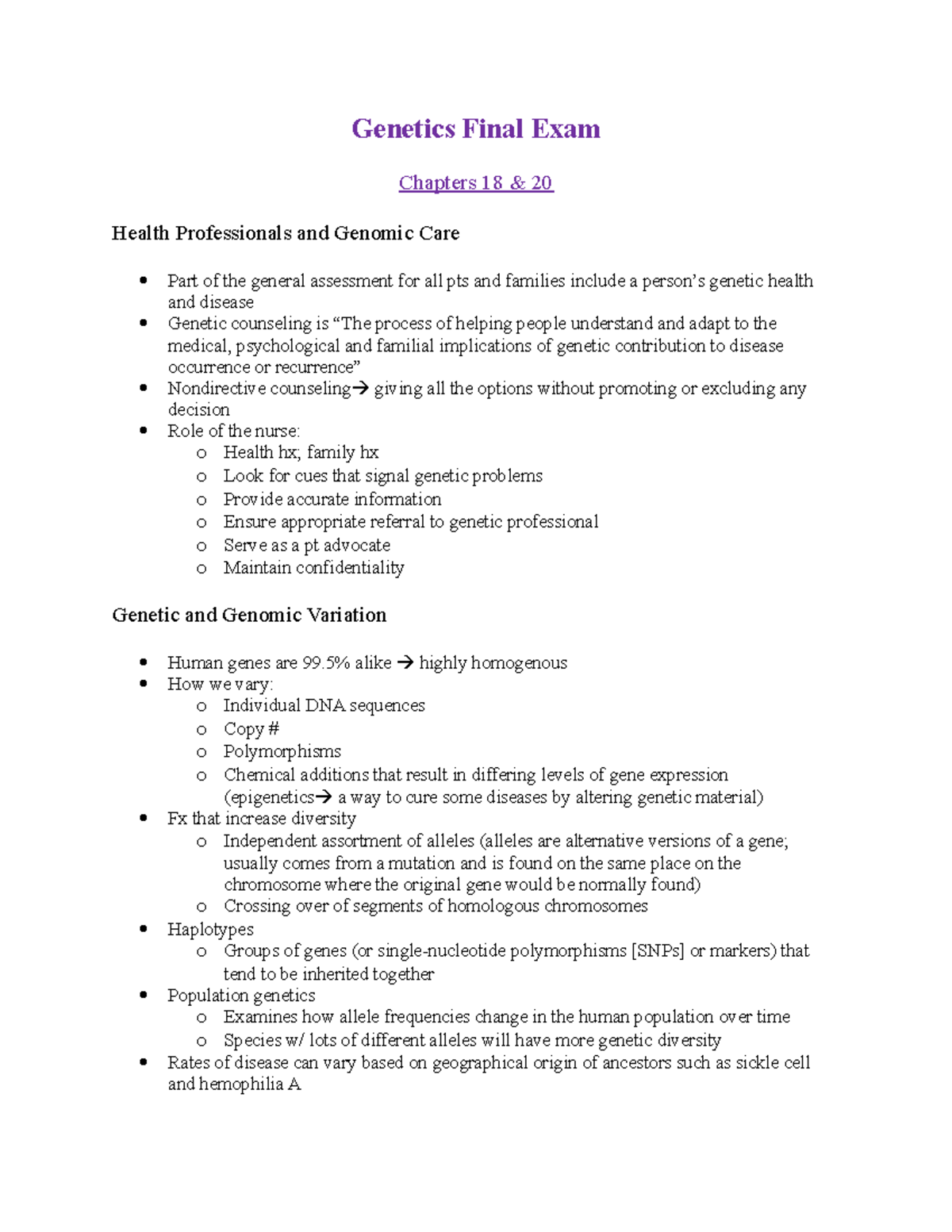 Genetics Final Summary - Genetics Final Exam Chapters 18 & 20 Health ...