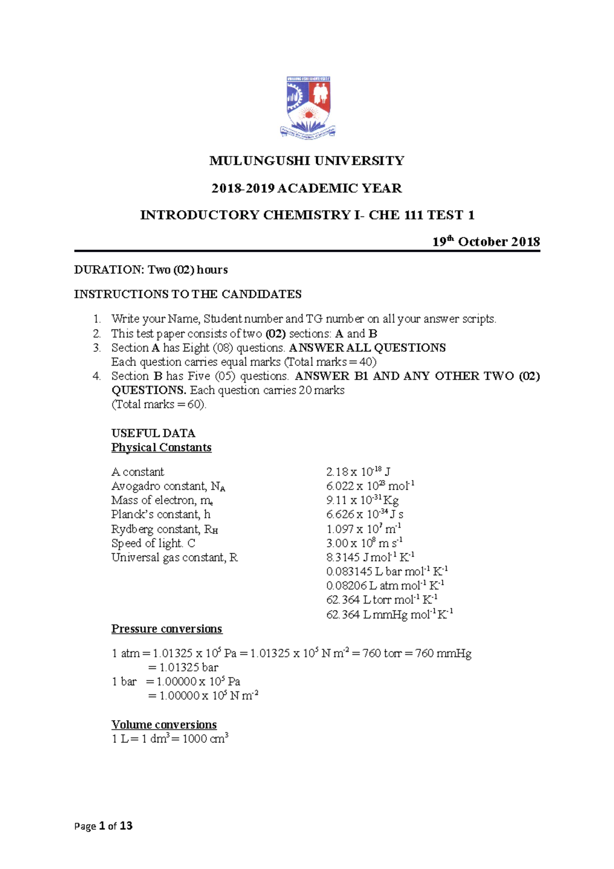CHE 111 Test 1 2018 - solution with corrections - MULUNGUSHI UNIVERSITY ...