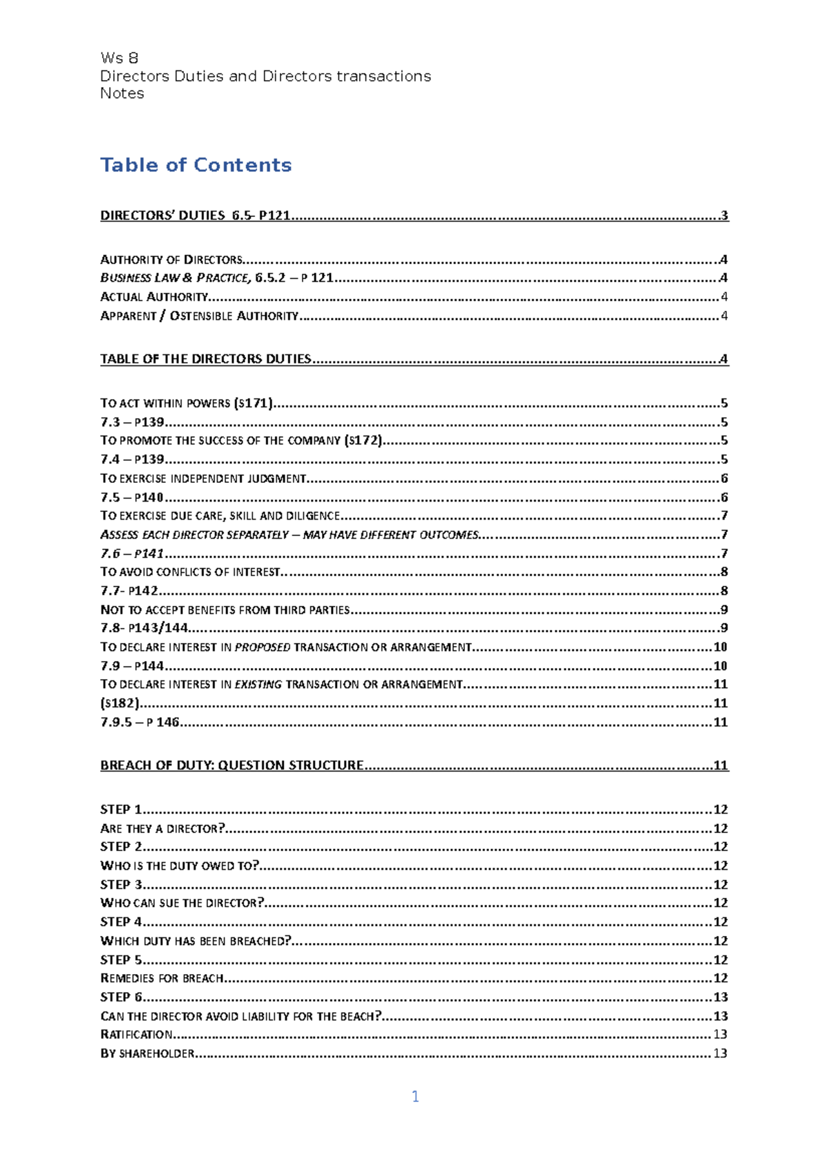 W8 notes - Directors Duties and Directors transactions Notes Table of ...