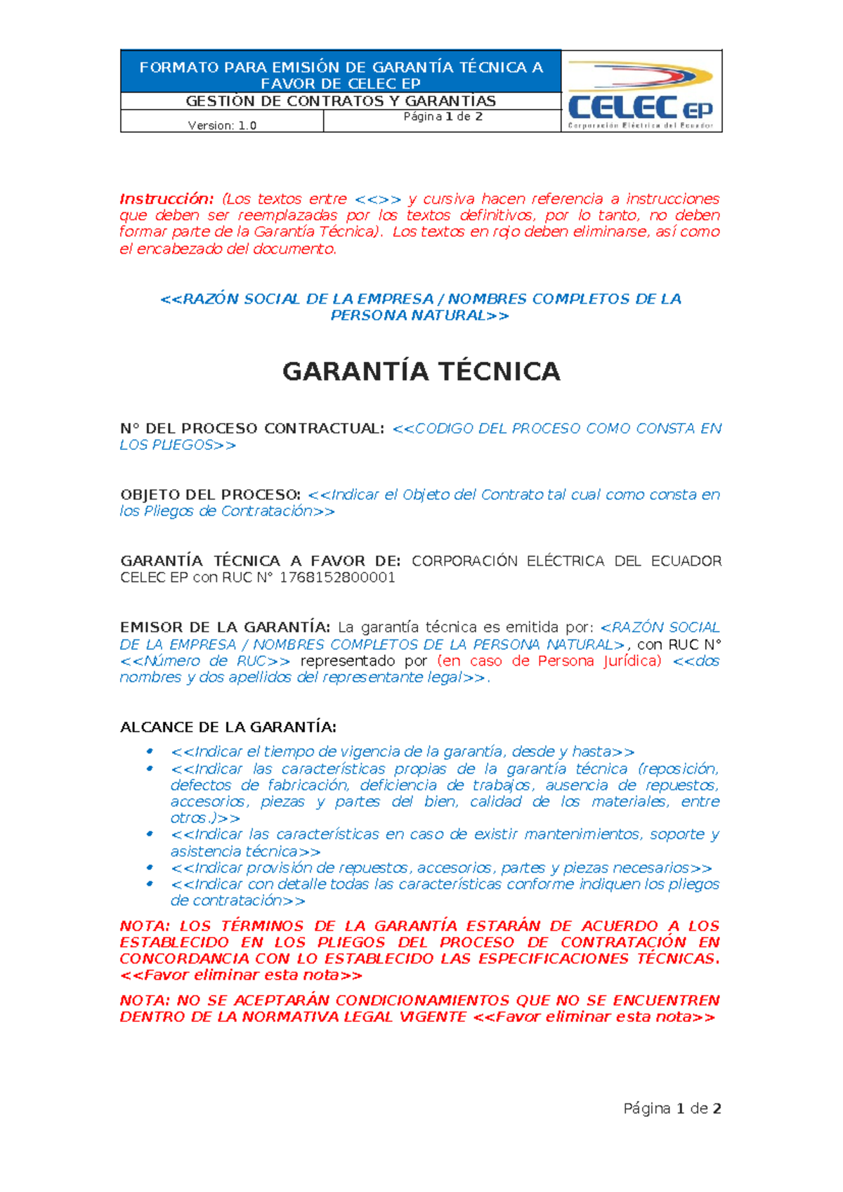 Formato Garantía Técnica - FORMATO PARA EMISIÓN DE GARANTÍA TÉCNICA A ...