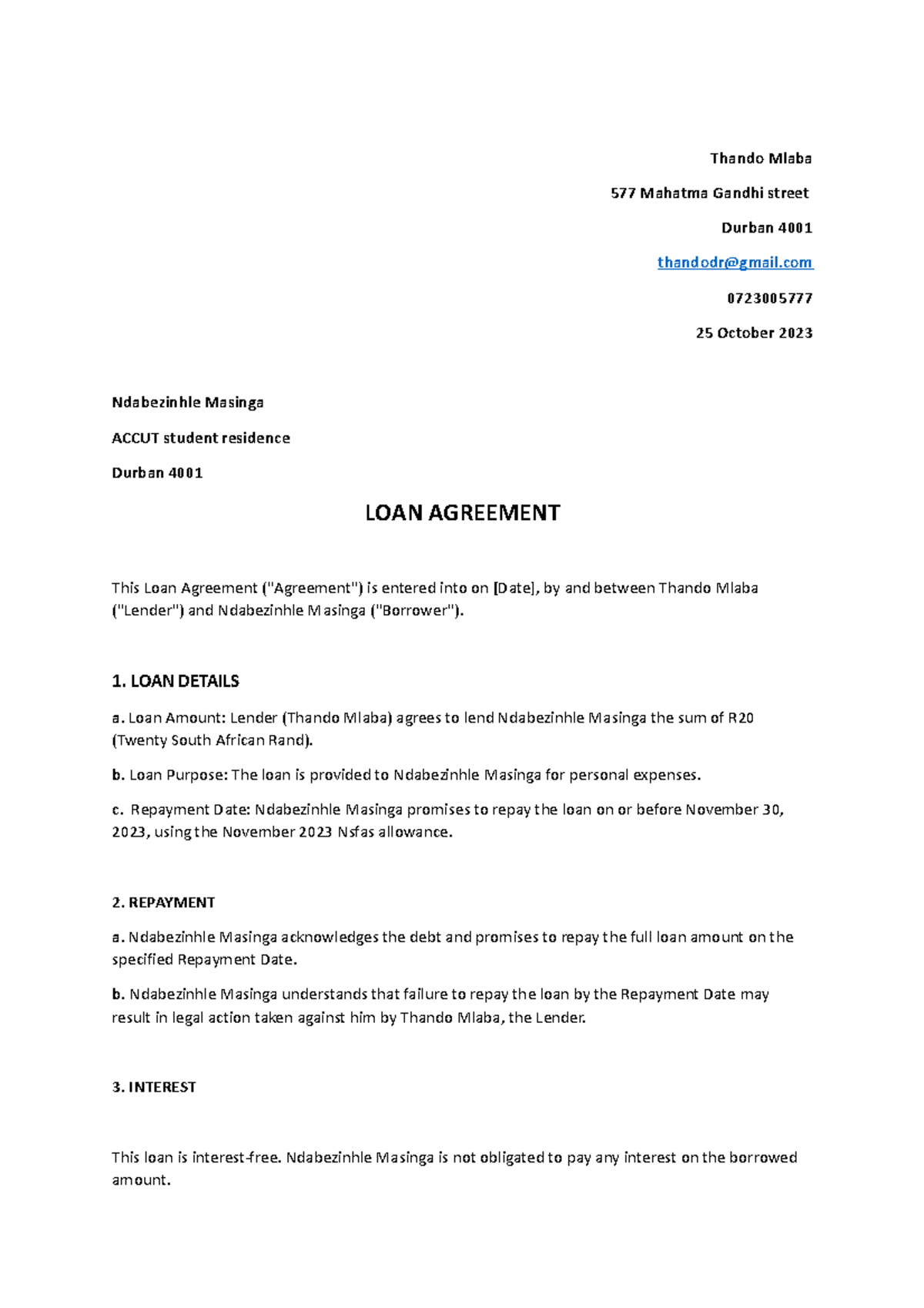 Contract sample - Thando Mlaba 577 Mahatma Gandhi street Durban 4001 ...