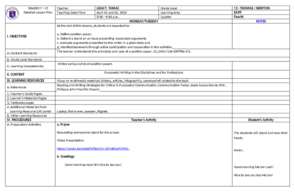12 Position Paper - GRADES 7 - 12 Detailed Lesson Plan Teacher LEAH T ...