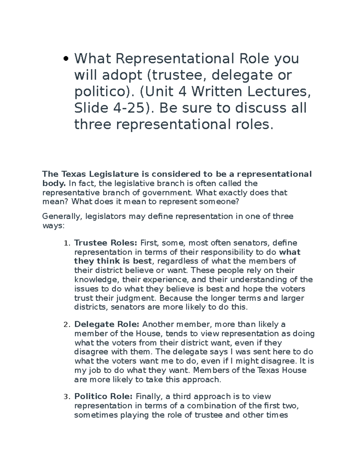 Assignment 3 - Texas legislation - What Representational Role you will ...