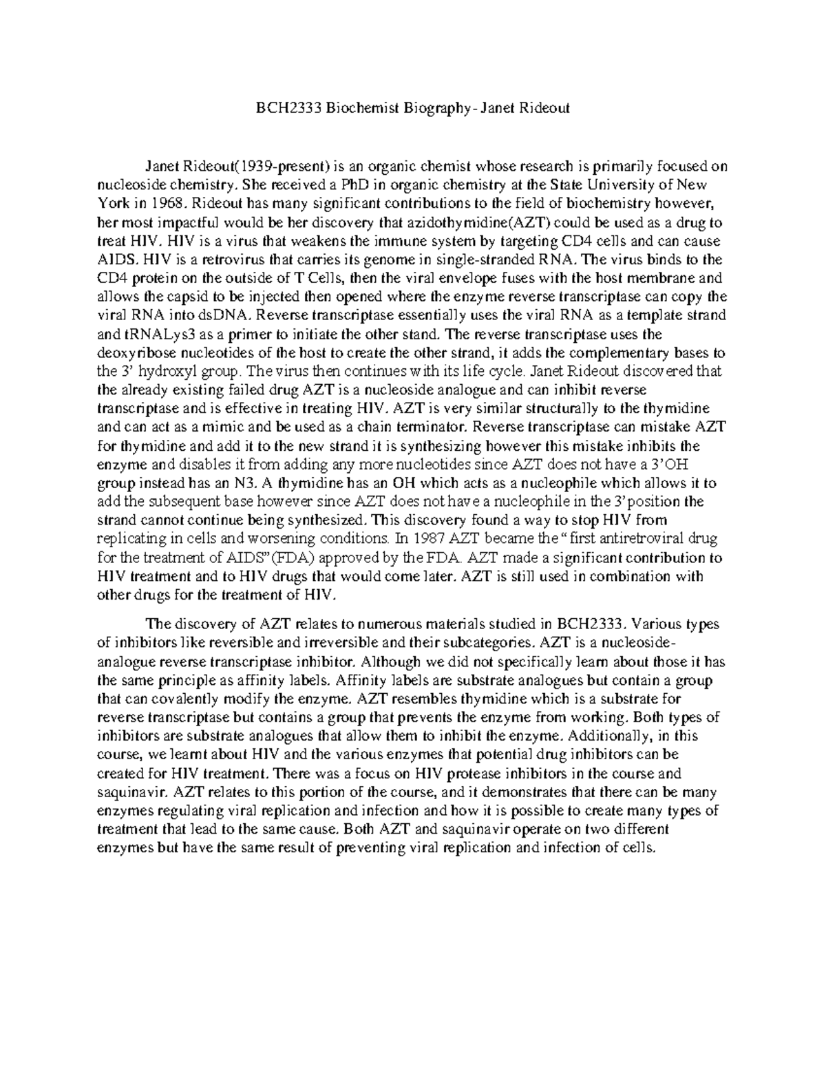Janet Rideout: Discovery of AZT for HIV Treatment - Studocu