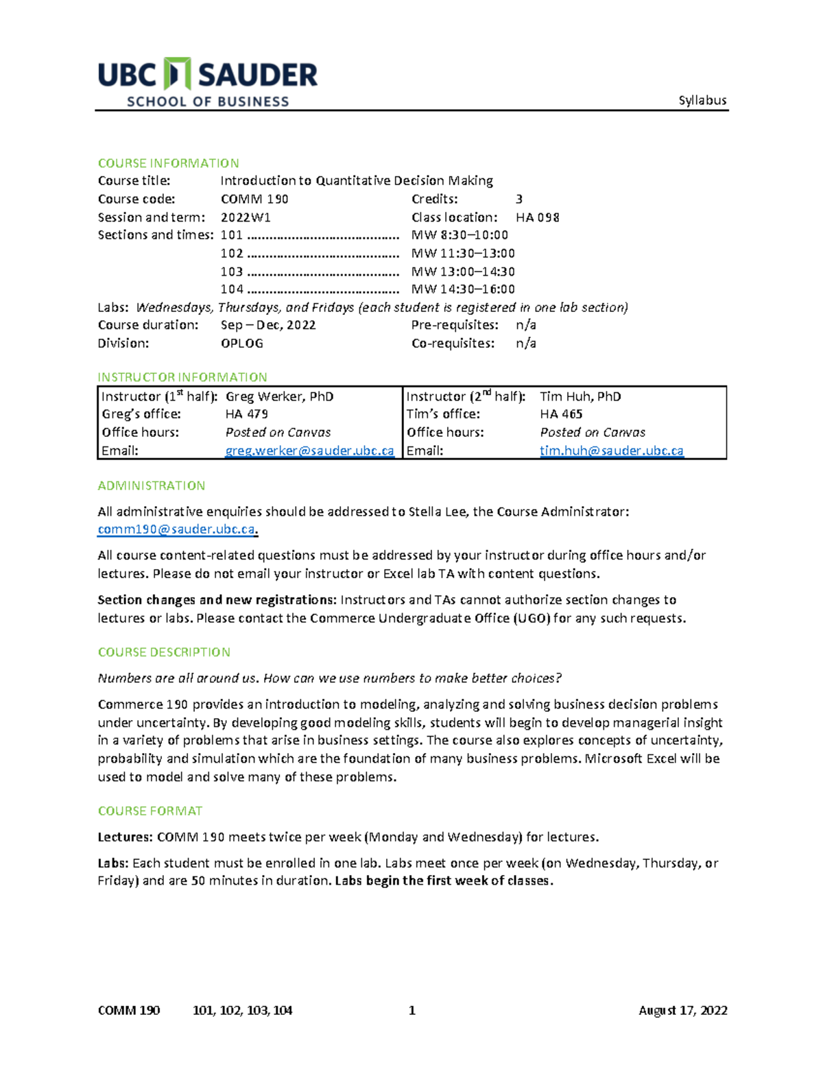 Syllabus - good - COURSE INFORMATION Course title: Introduction to ...