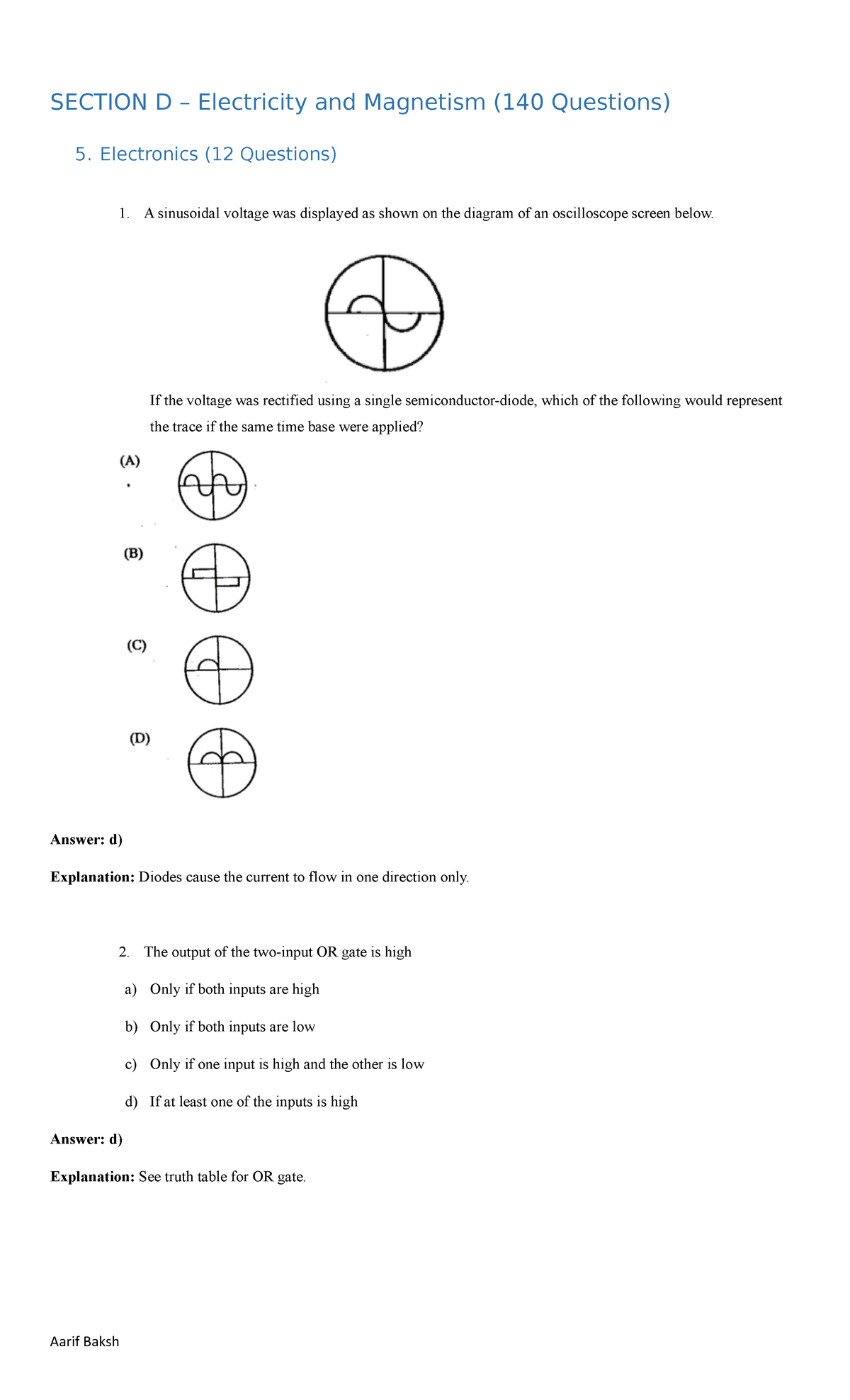 Physics D5 - Practice questions and answers on Electricity and ...