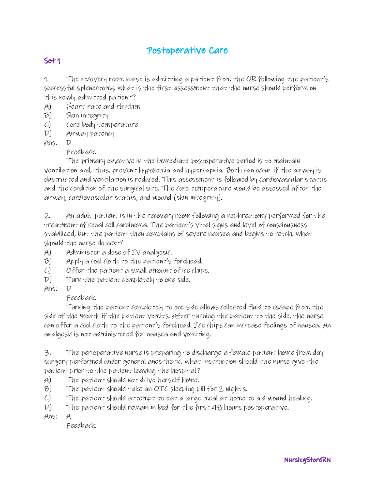 Copy of 5- Postoperative Care - Postoperative Care Set 1 The recovery ...