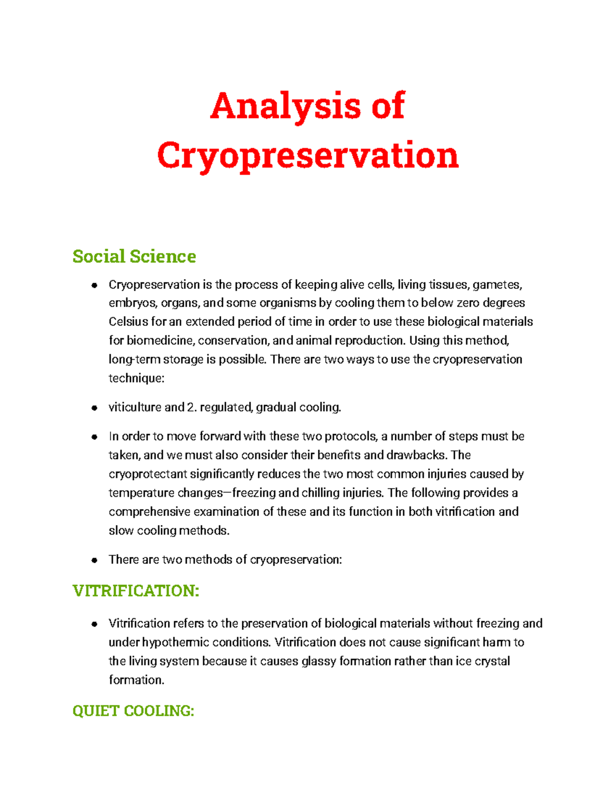 Class notes - summary on biology - Analysis of Cryopreservation Social ...