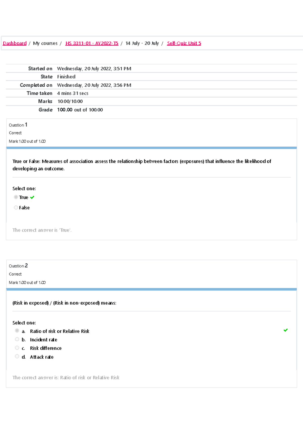 Self-Quiz Unit 5 Attempt review - Started on Wednesday, 20 July 2022, 3:51 PM State Finished ...