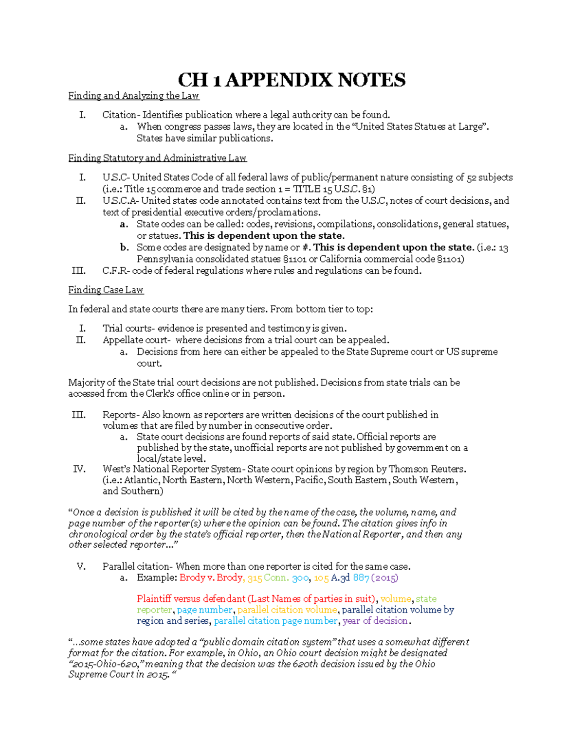 CH 1 Appendix Notes - CH 1 APPENDIX NOTES Finding and Analyzing the Law ...